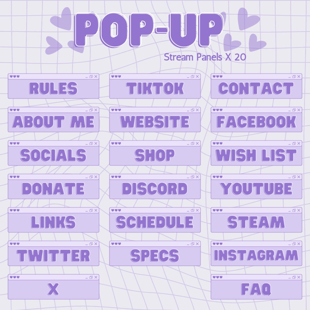 20 X Pop-up Stream Panels Cute Pastel Twitch Panels Kawaii Purple ...