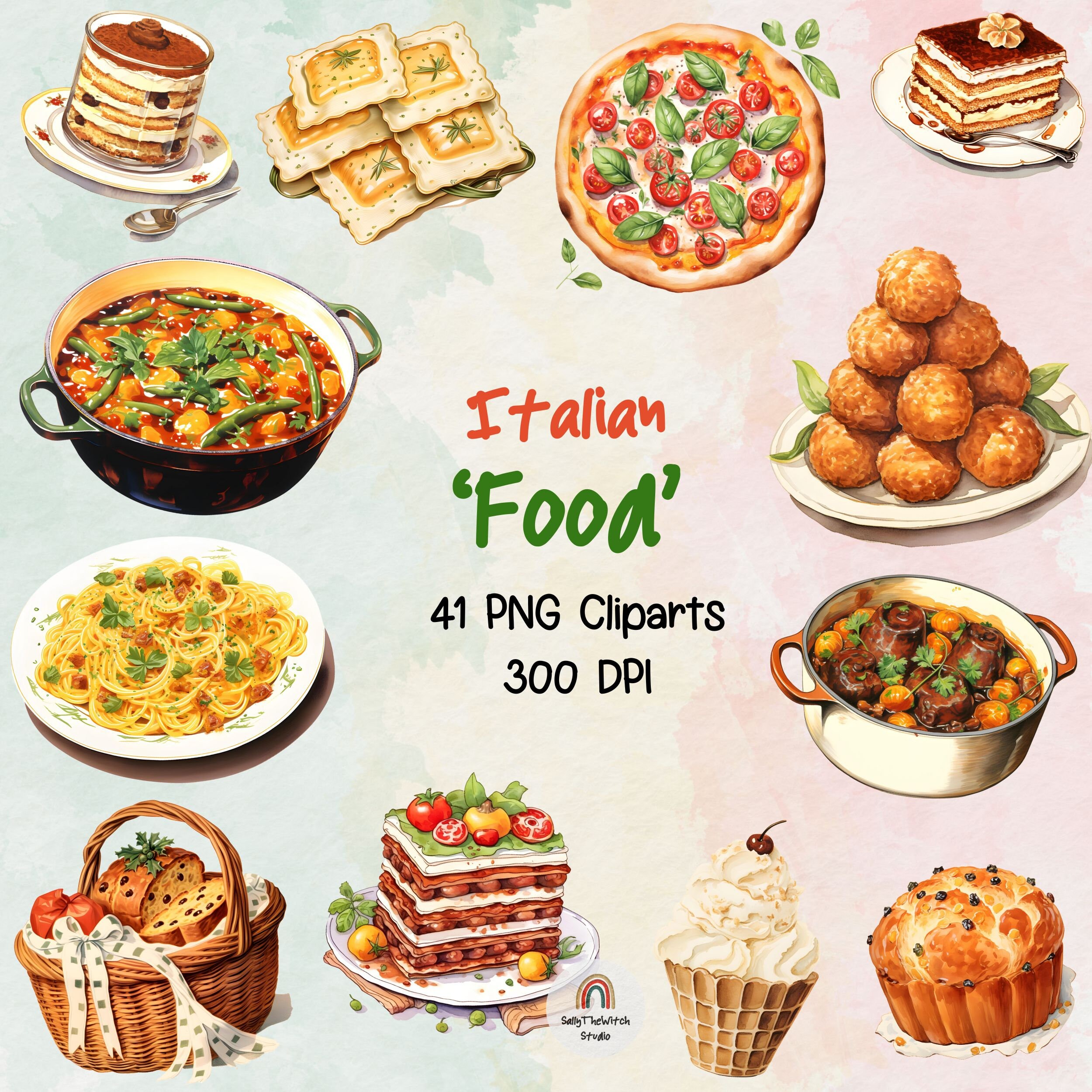 Watercolor Italian Food Clipart, Italian Food, Pizza Clipart ...