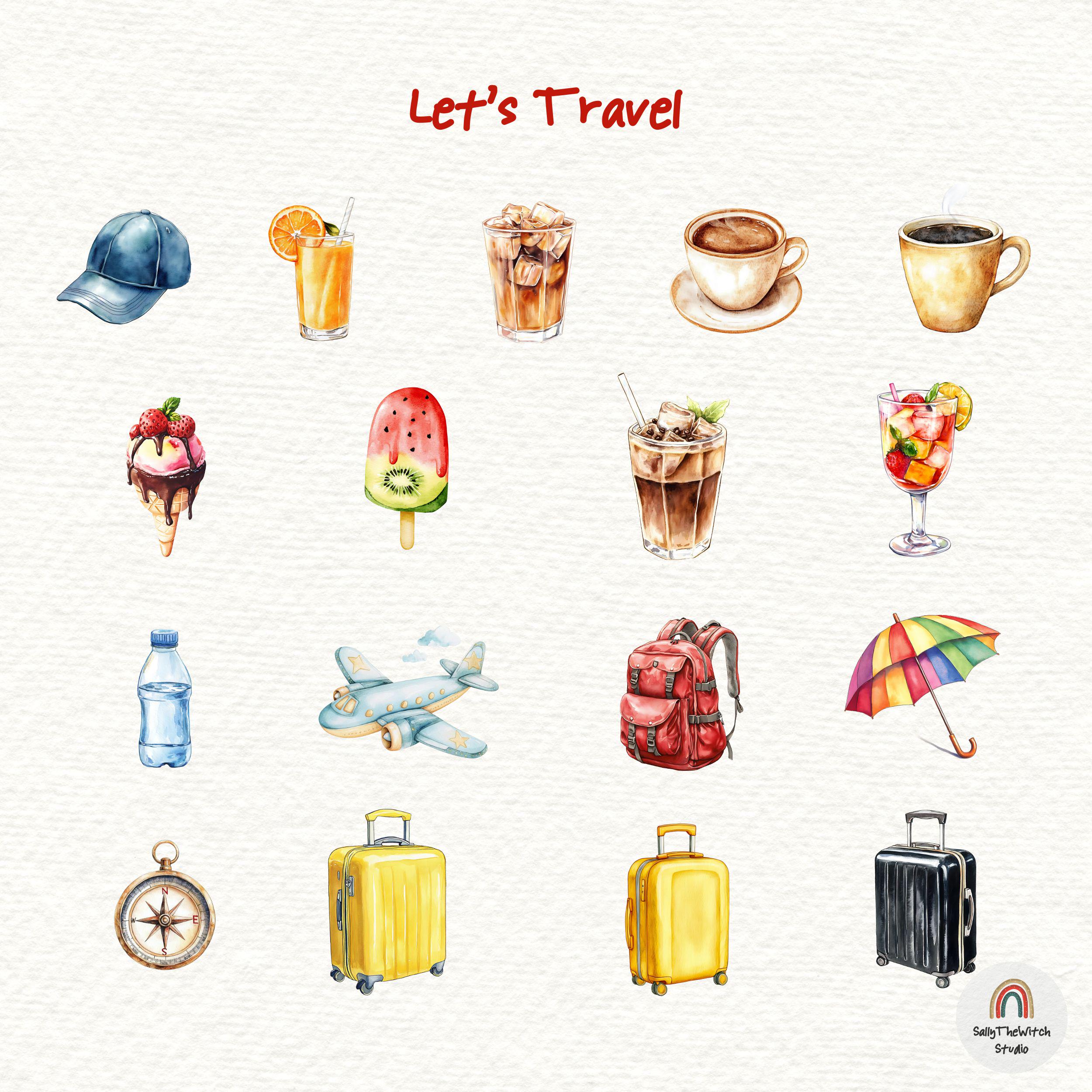 Watercolor Travel Clipart, Watercolor Vacation Clipart, Watercolor ...