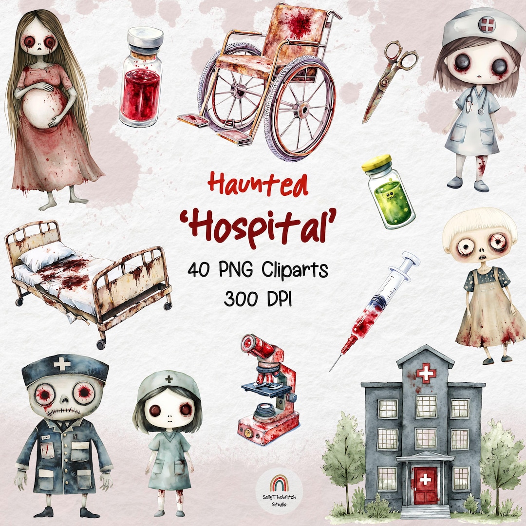 Watercolor Halloween Haunted Hospital, Halloween Hospital, Spooky ...