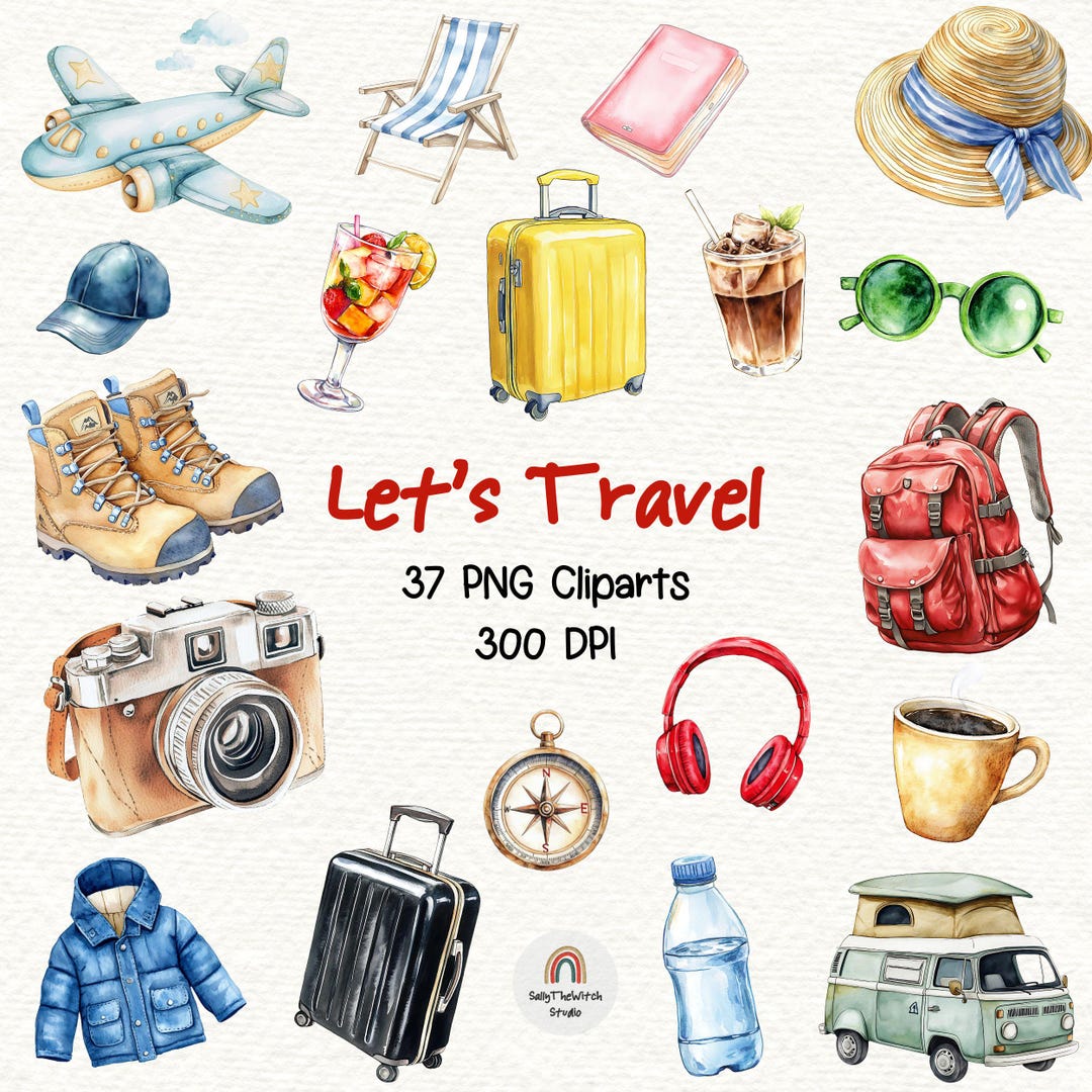 Watercolor Travel Clipart, Watercolor Vacation Clipart, Watercolor ...