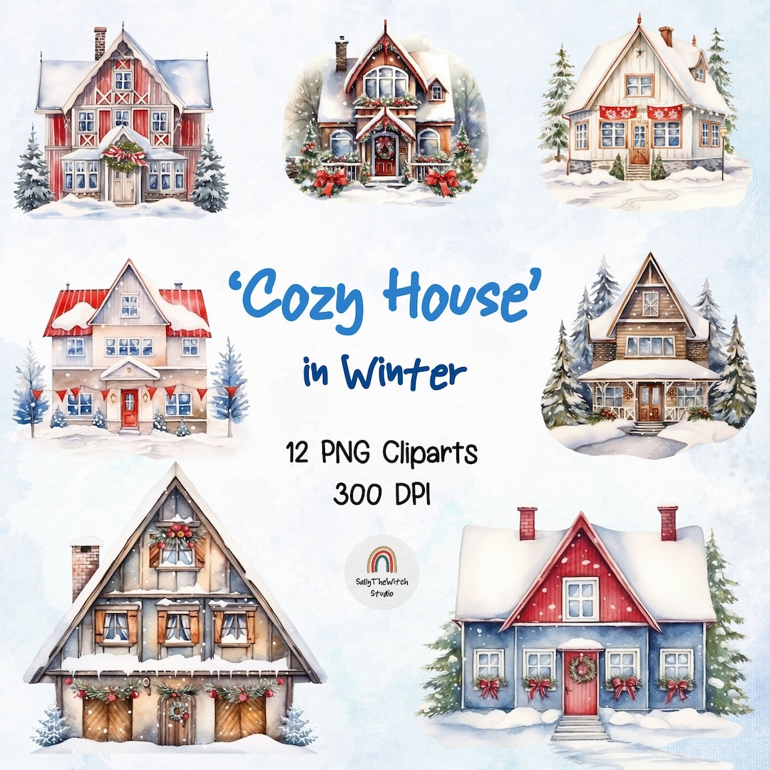 Watercolor Christmas Winter Cozy House Clipart, Cozy House Clipart ...