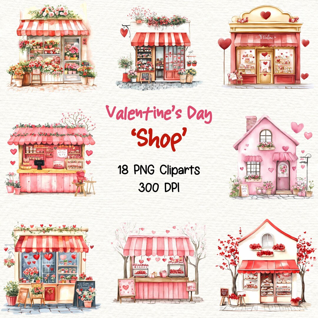 Watercolor Valentine Shop Clipart, Valentine Shop PNG, Valentine Love ...