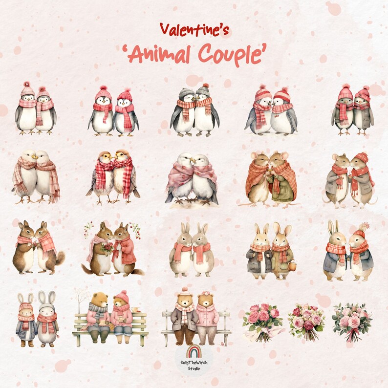 Watercolor Cute Animal Couple Clipart, Valentine Couple Clipart ...