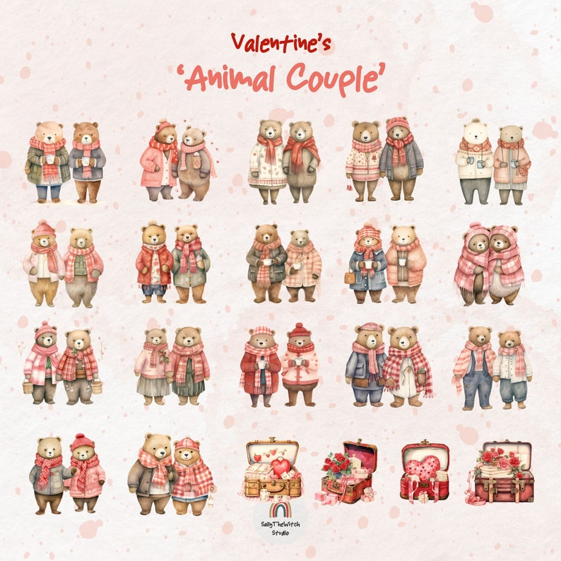 Watercolor Cute Animal Couple Clipart, Valentine Couple Clipart ...