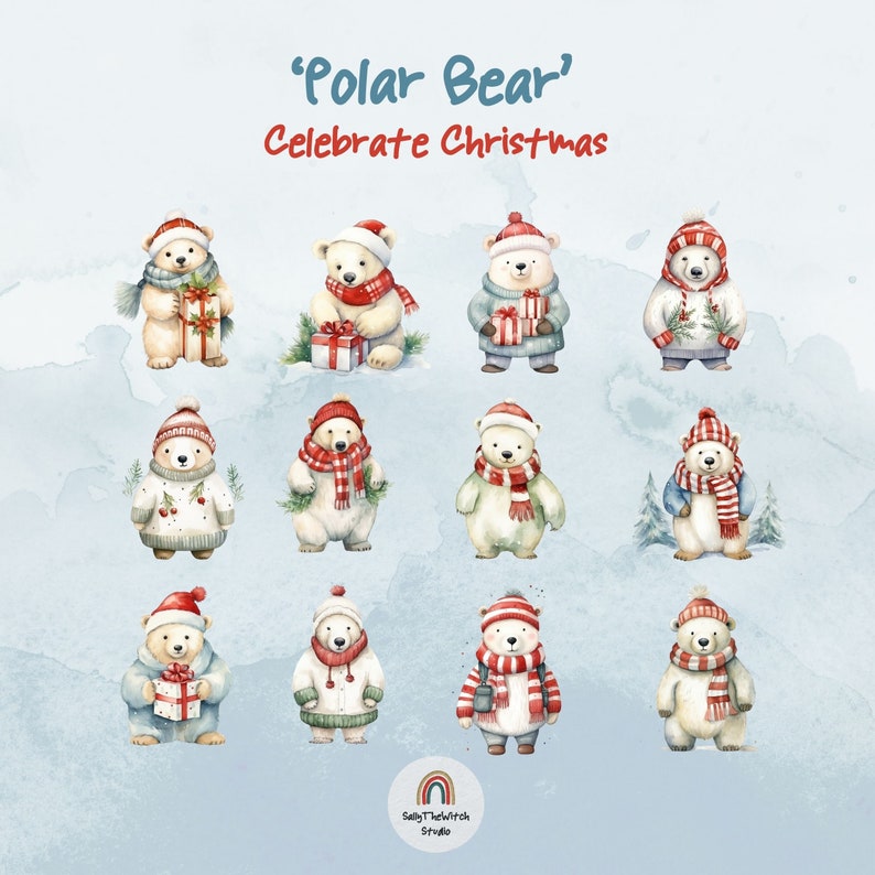 Watercolor Christmas Polar Bear Clipart, Christmas Polar Bear, Polar ...