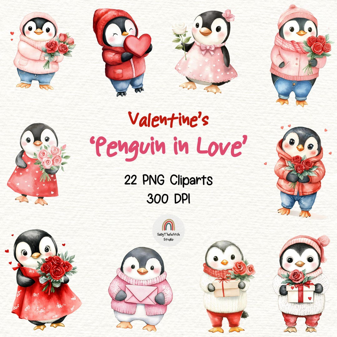 Watercolor Valentine Penguin Clipart, Valentine’s Penguin, Penguin ...
