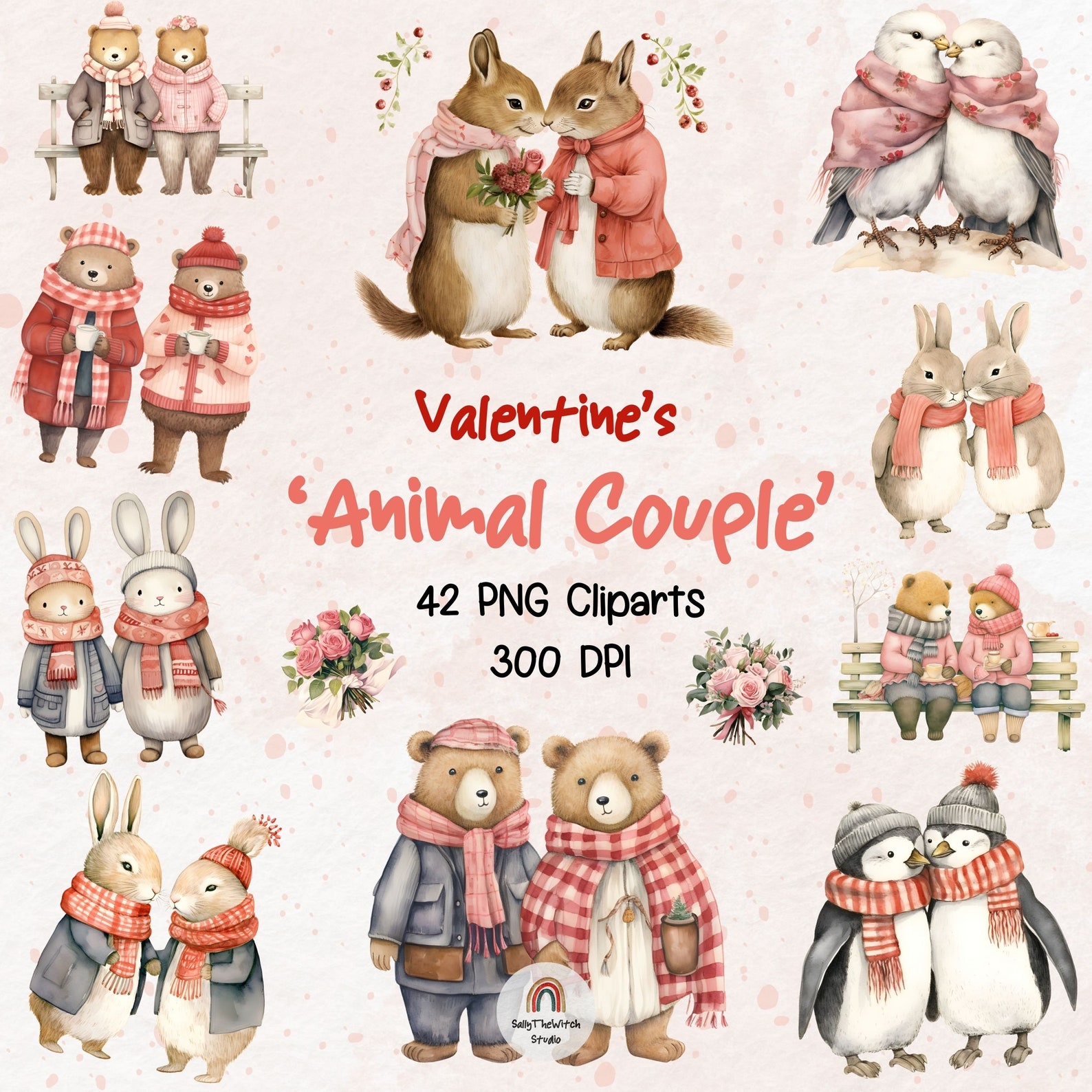 Watercolor Cute Animal Couple Clipart, Valentine Couple Clipart ...