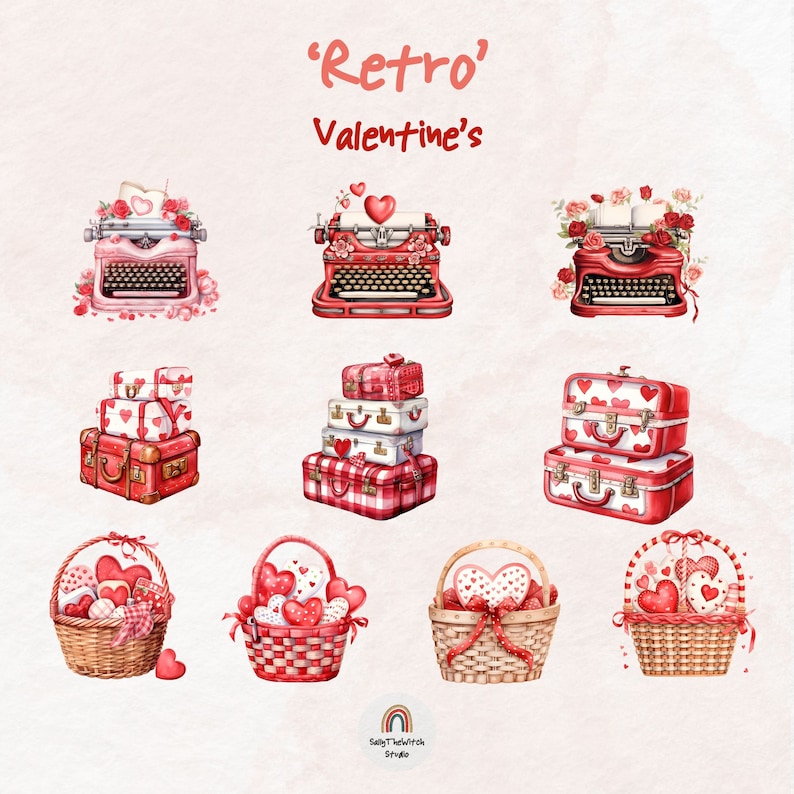 Watercolor Retro Valentine Clipart, Retro Valentine PNG Bundle, 90’s ...