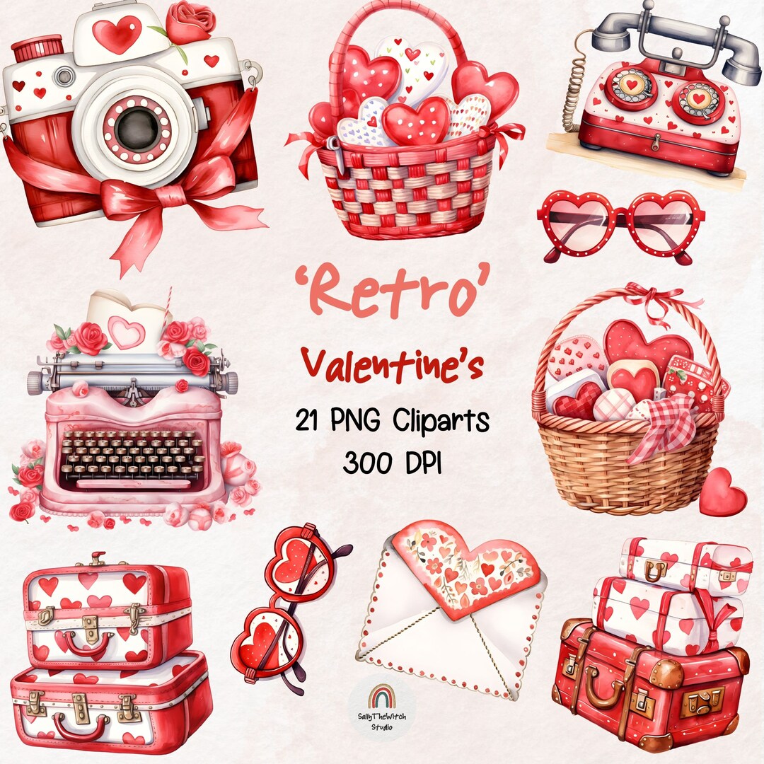 Watercolor Retro Valentine Clipart, Retro Valentine PNG Bundle, 90’s ...