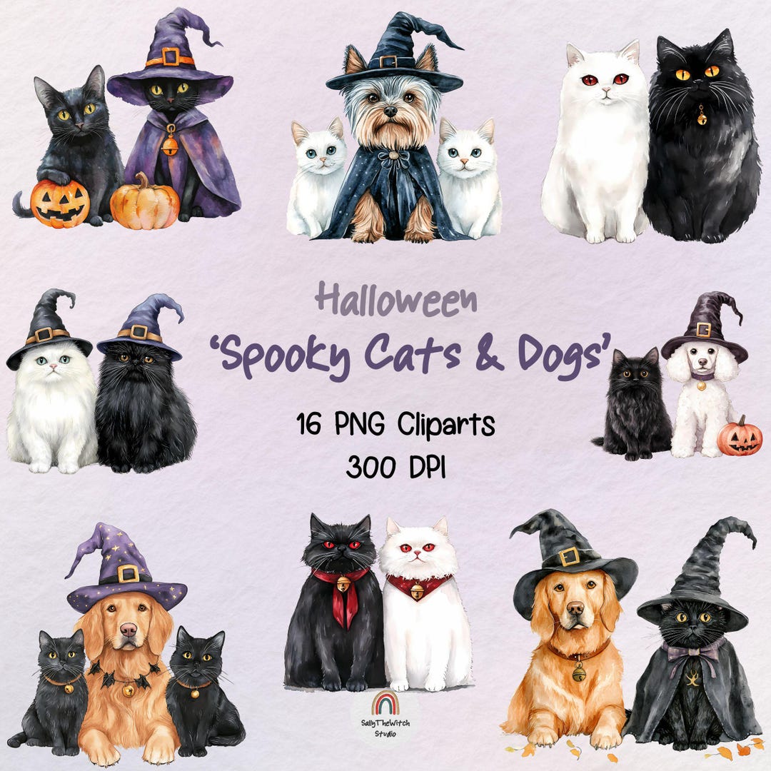 Watercolor Halloween Cat and Dog Clipart, Halloween Dog, Halloween Cat ...