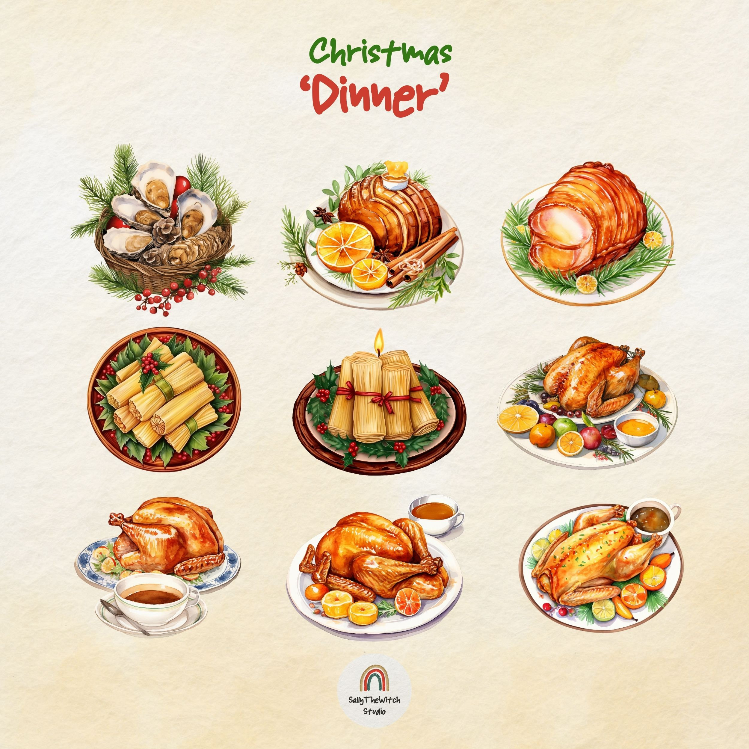 Watercolor Christmas Dinner Clipart, Christmas Dinner, Christmas Food ...