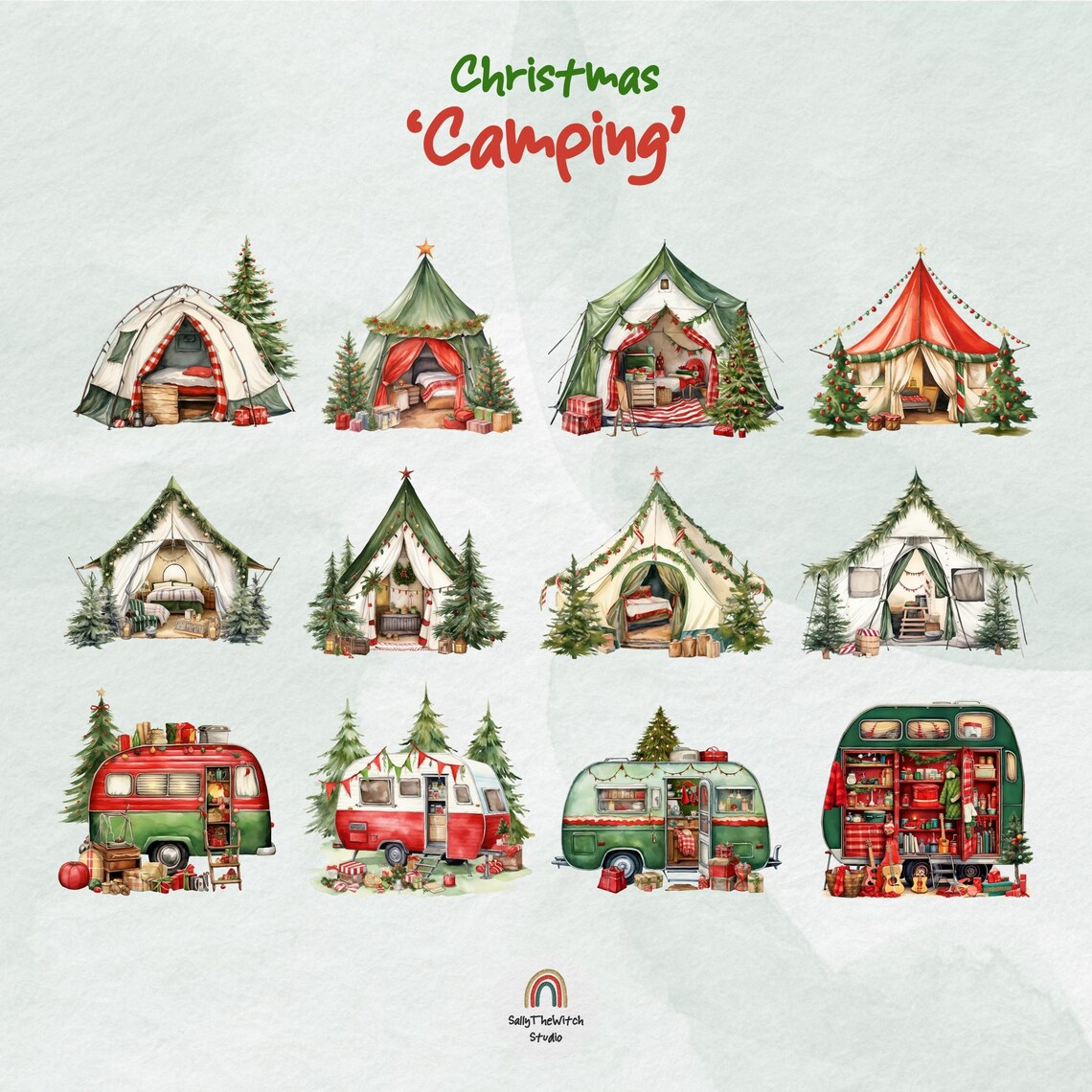 Watercolor Christmas Camping Clipart, Camping Clipart, Outdoor Activity ...