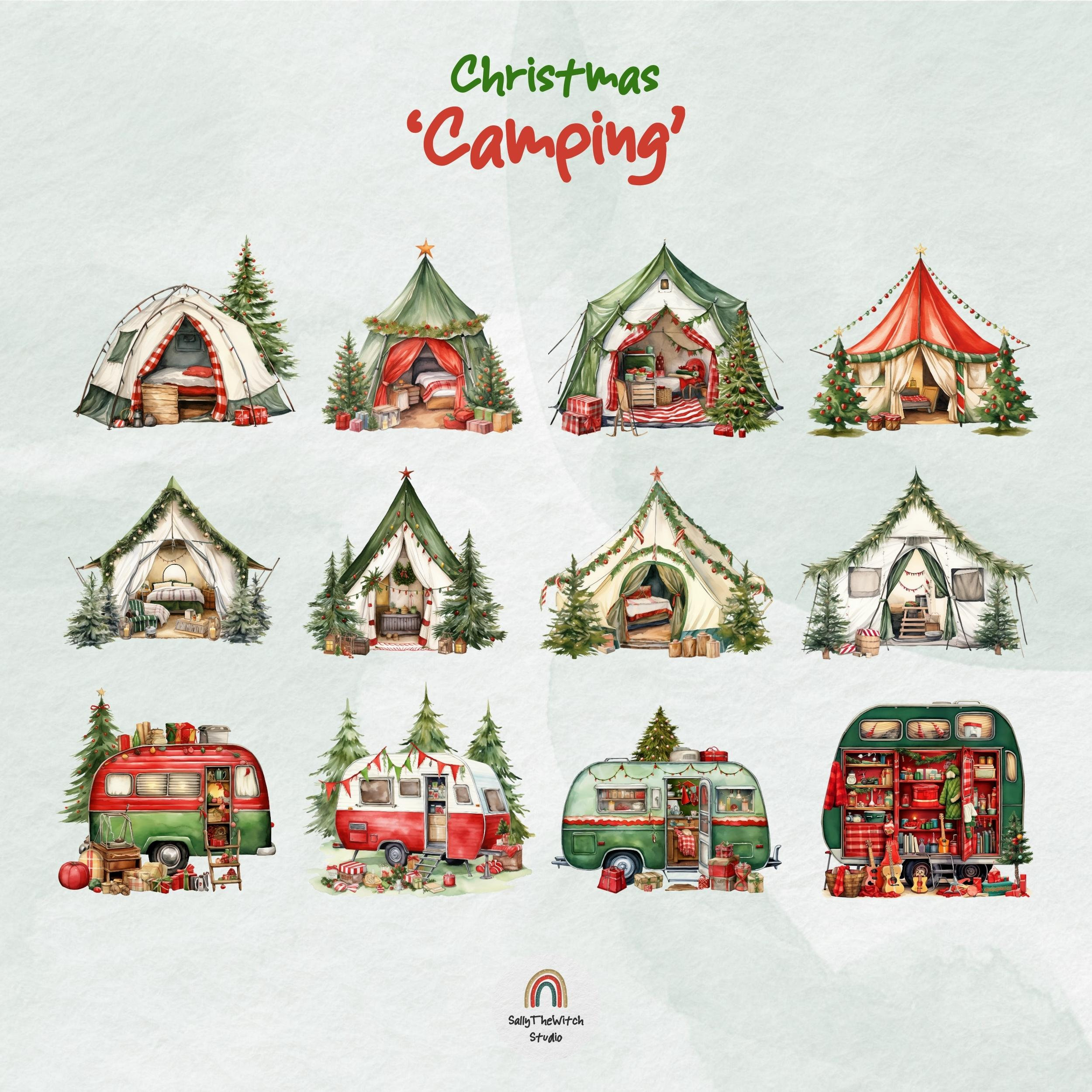 Watercolor Christmas Camping Clipart, Camping Clipart, Outdoor Activity ...