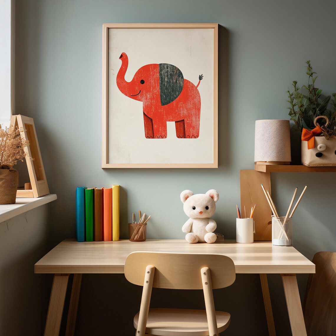 Digital Print for Kids Room, Nursery Art - Cute Red Elephant, Oliver ...