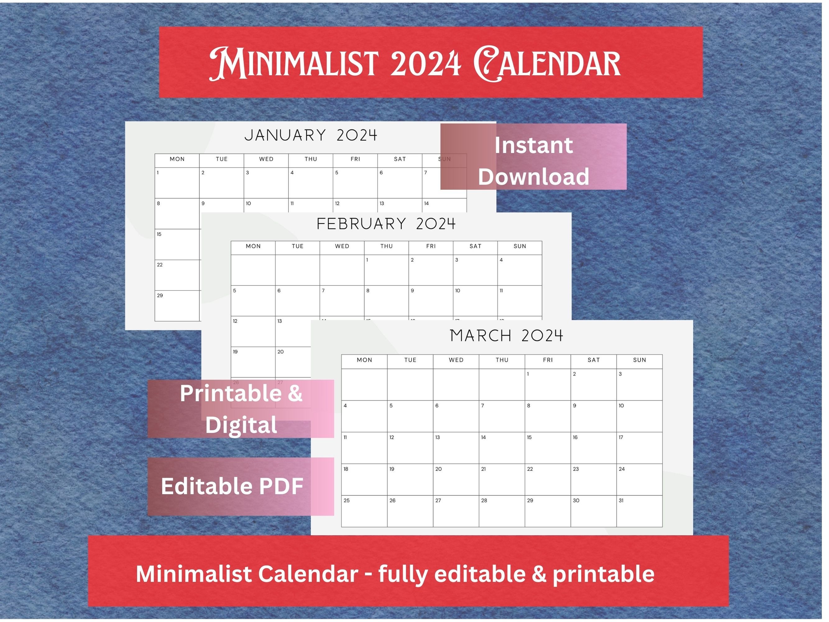 2024 Minimalist Calendar Digital Download Editable Calendar Printable ...