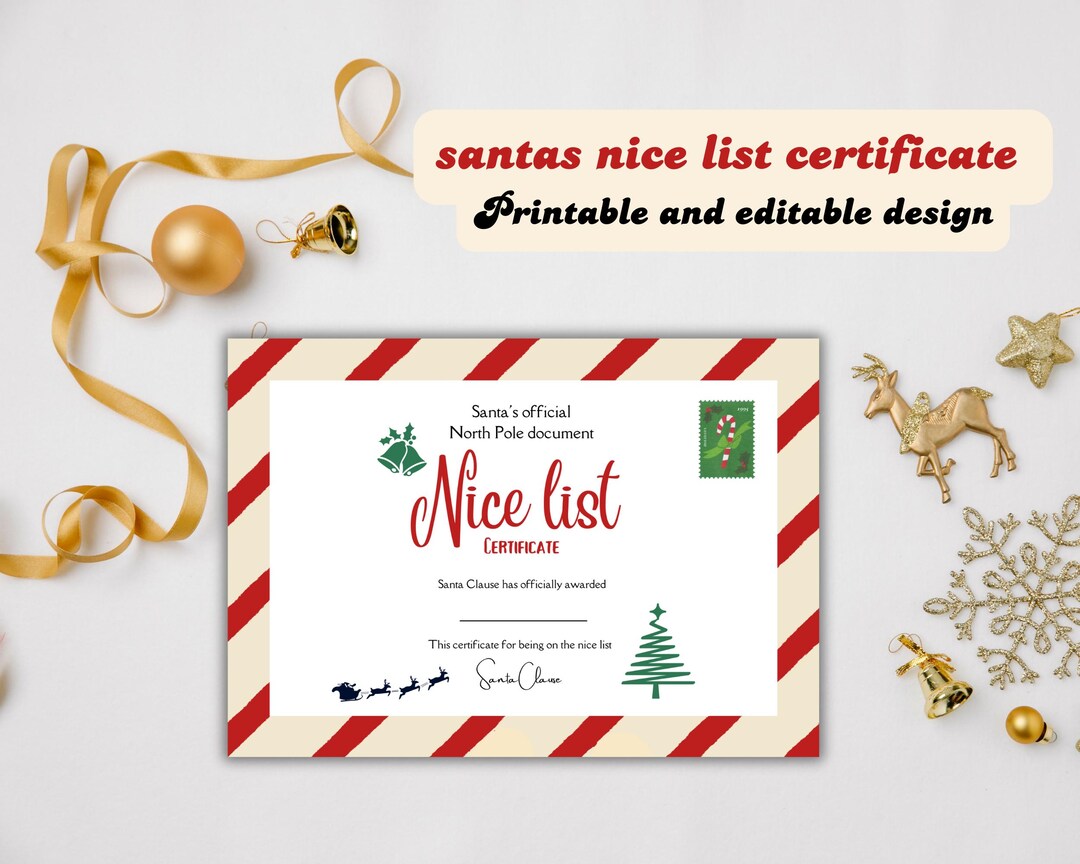 Santas Nice List Certificate Kids Father Christmas Editable Printable ...