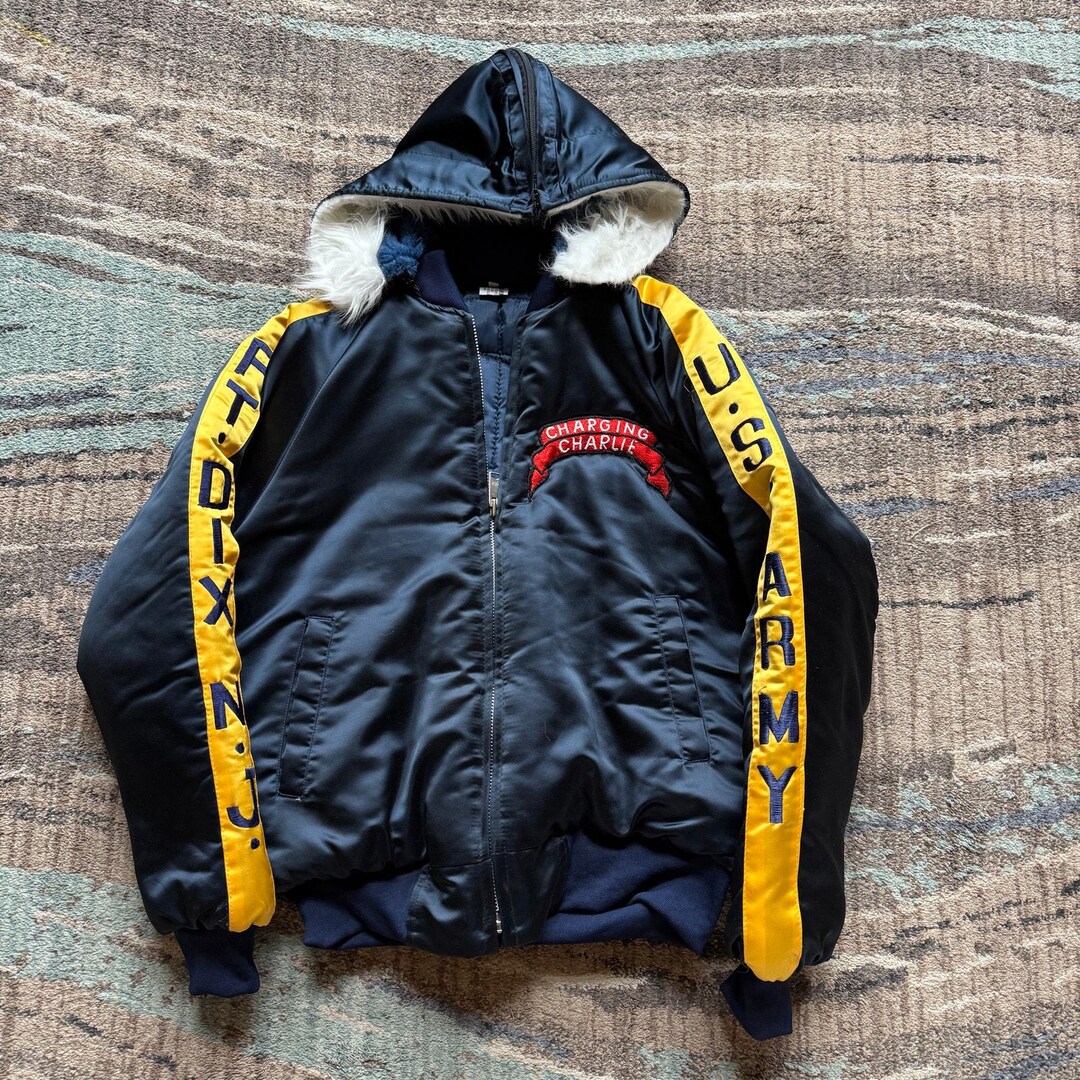 Vintage 70's U.S. Army Charging Charlie Fort Dix Satin Bomber Jacket Sz ...