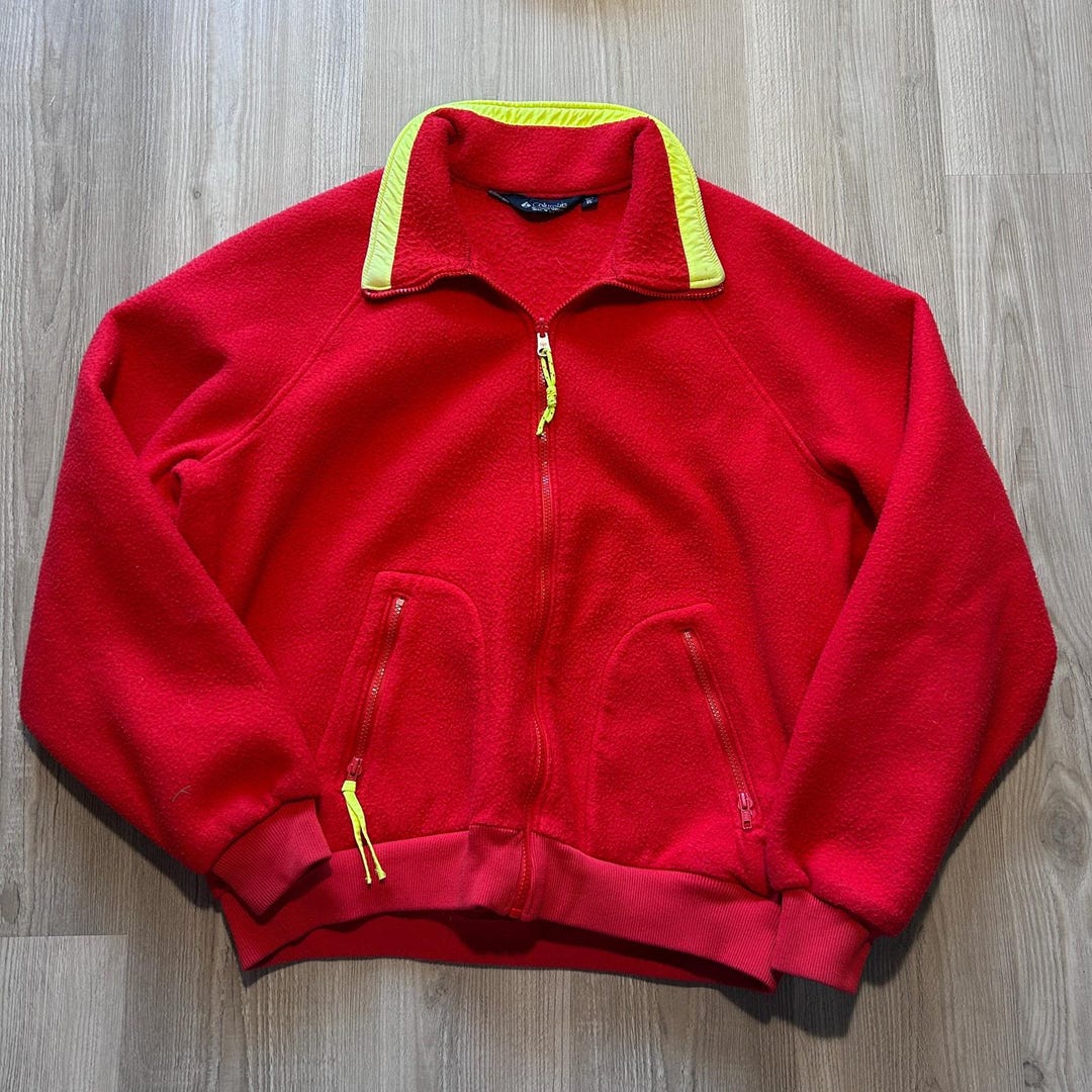 Men's Vintage 80's Columbia Bright Red Fleece Zip up Radial Bomber ...