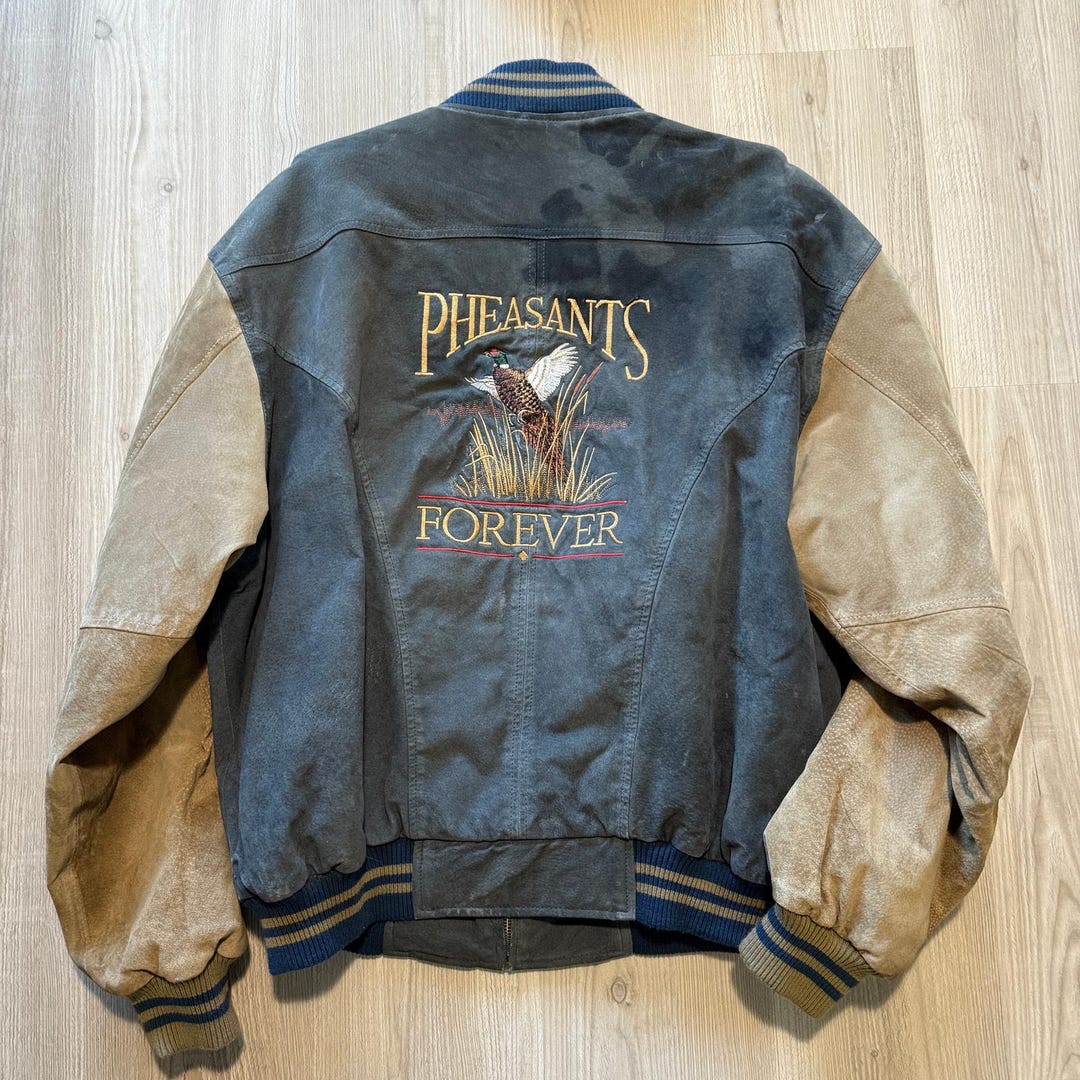 Men's Vintage Pheasants Forever Blue Tan Suede Leather Bomber Jacket ...