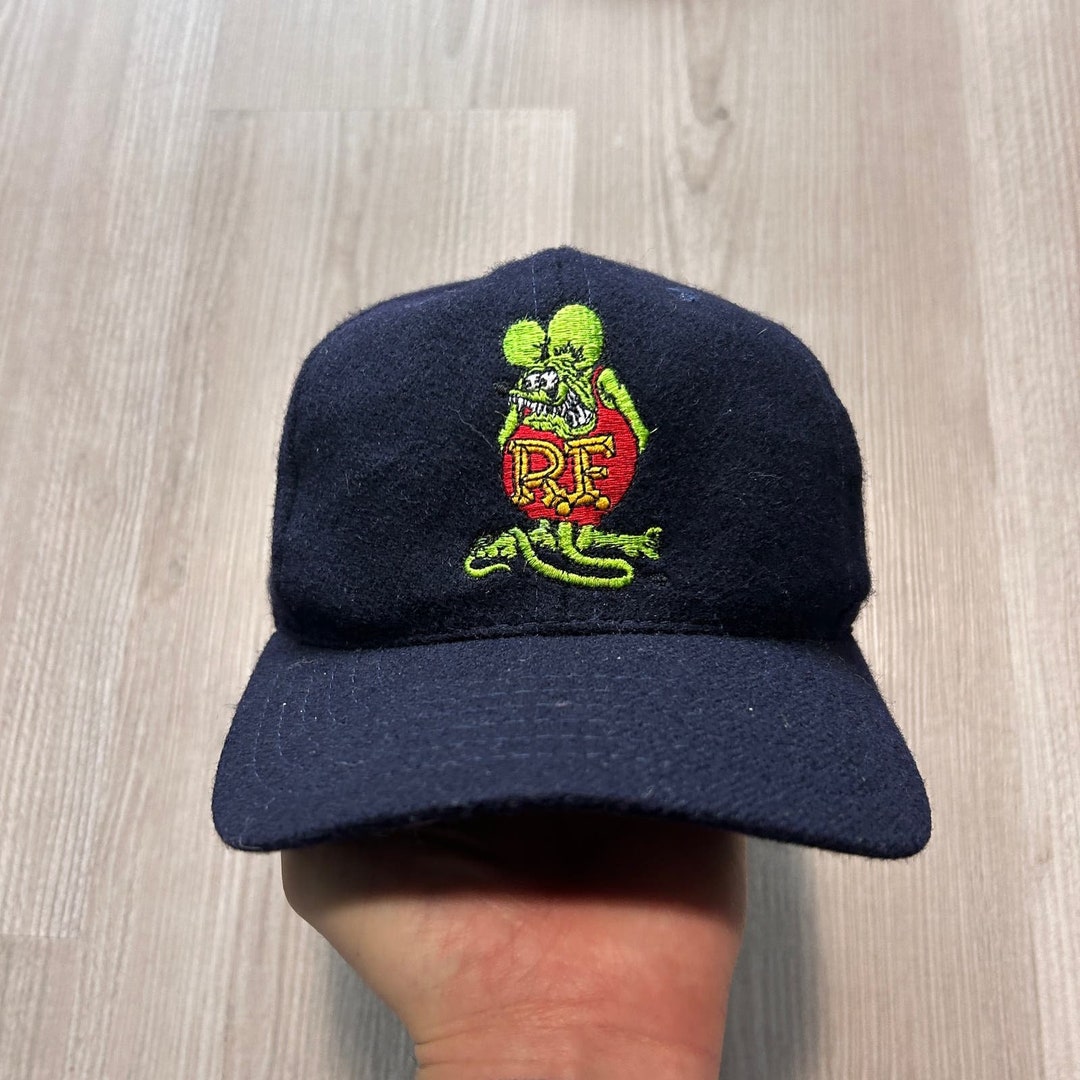 Vintage 90's Rat Fink R.F. Ed Roth Hot Rod Navy Blue Wool Snapback Hat ...