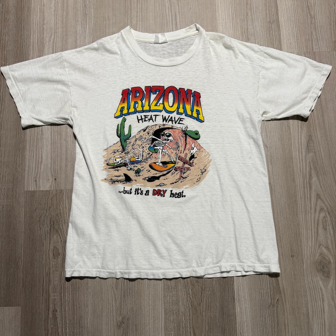 Vintage 80's Arizona Heat Wave Skeleton Surfing Thin White Tee Shirt Sz ...