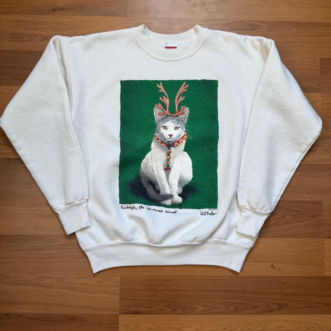 Vintage 90's Rudolph the Red Nosed Reincat Funny Cat Crewneck ...