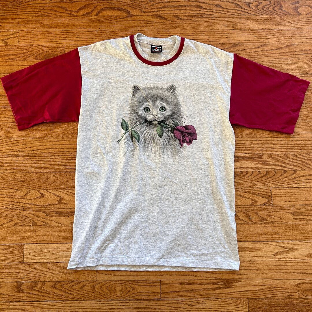 Vintage 90s Cat Kitten Drawing Rose Portrait Funny Gray Red Tee Shirt ...