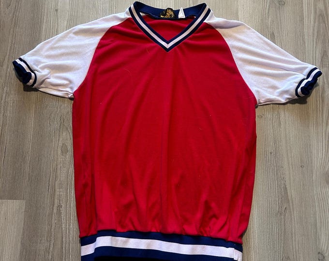 Men's Vintage 80's Protour Red White Blue V-neck Pullover Tee Shirt Sz ...