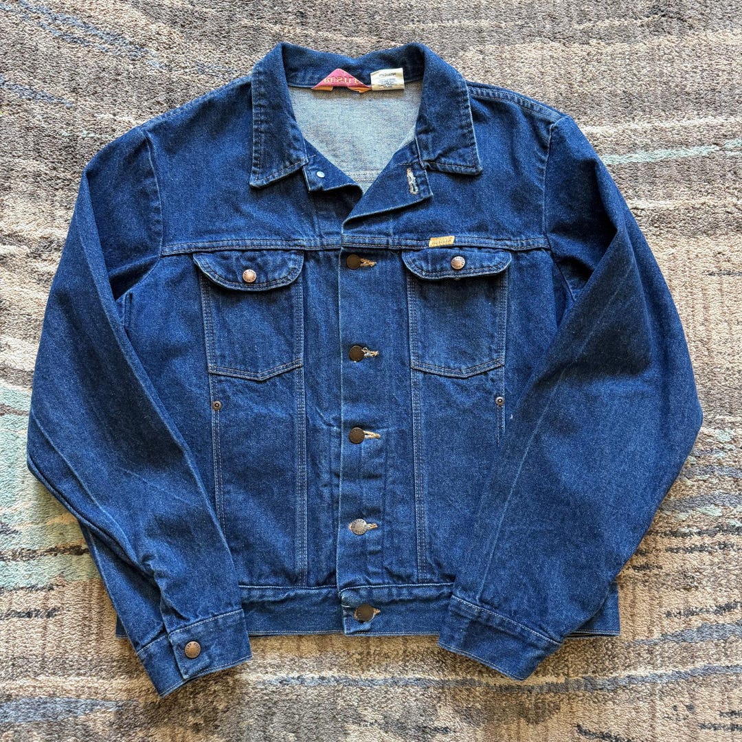 Men's Vintage 80's Rustler Dark Blue Jean Denim Trucker Jacket Sz Large ...