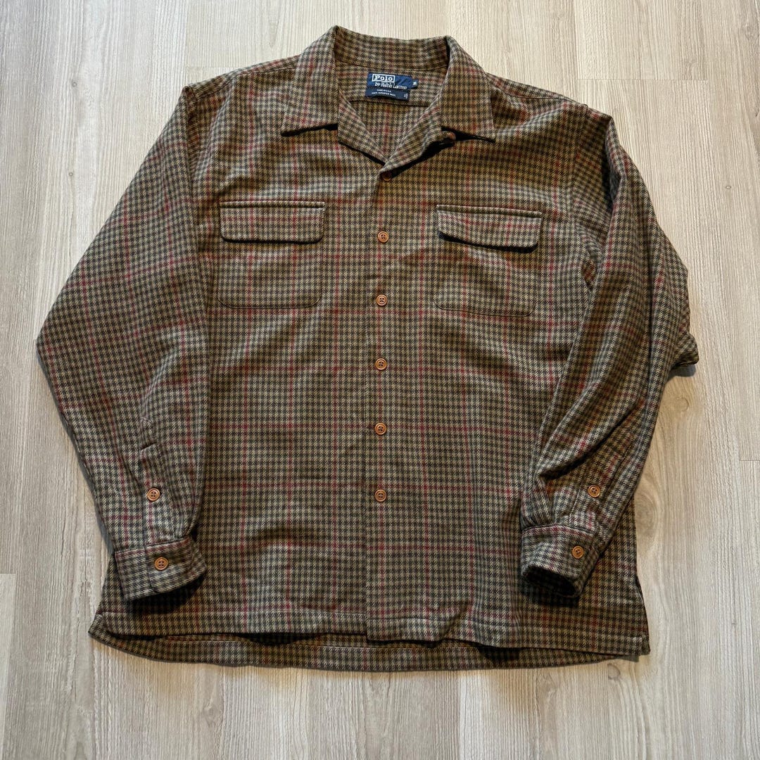 Men's Vintage Polo Ralph Lauren Brown Red Wool Flannel Button up Shirt ...