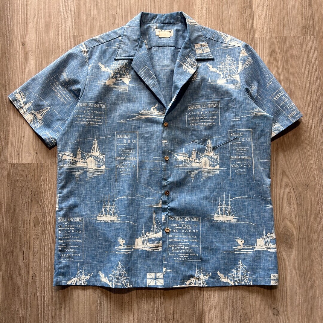 Vintage 80s Cooke Street Honolulu Blue Sailing Goods Button up Hawaiian ...