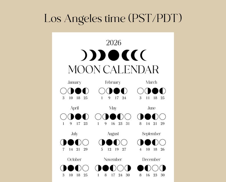 2026 Moon Calendar – Los Angeles Time (PST/PDT), Moon Phase Calendar ...