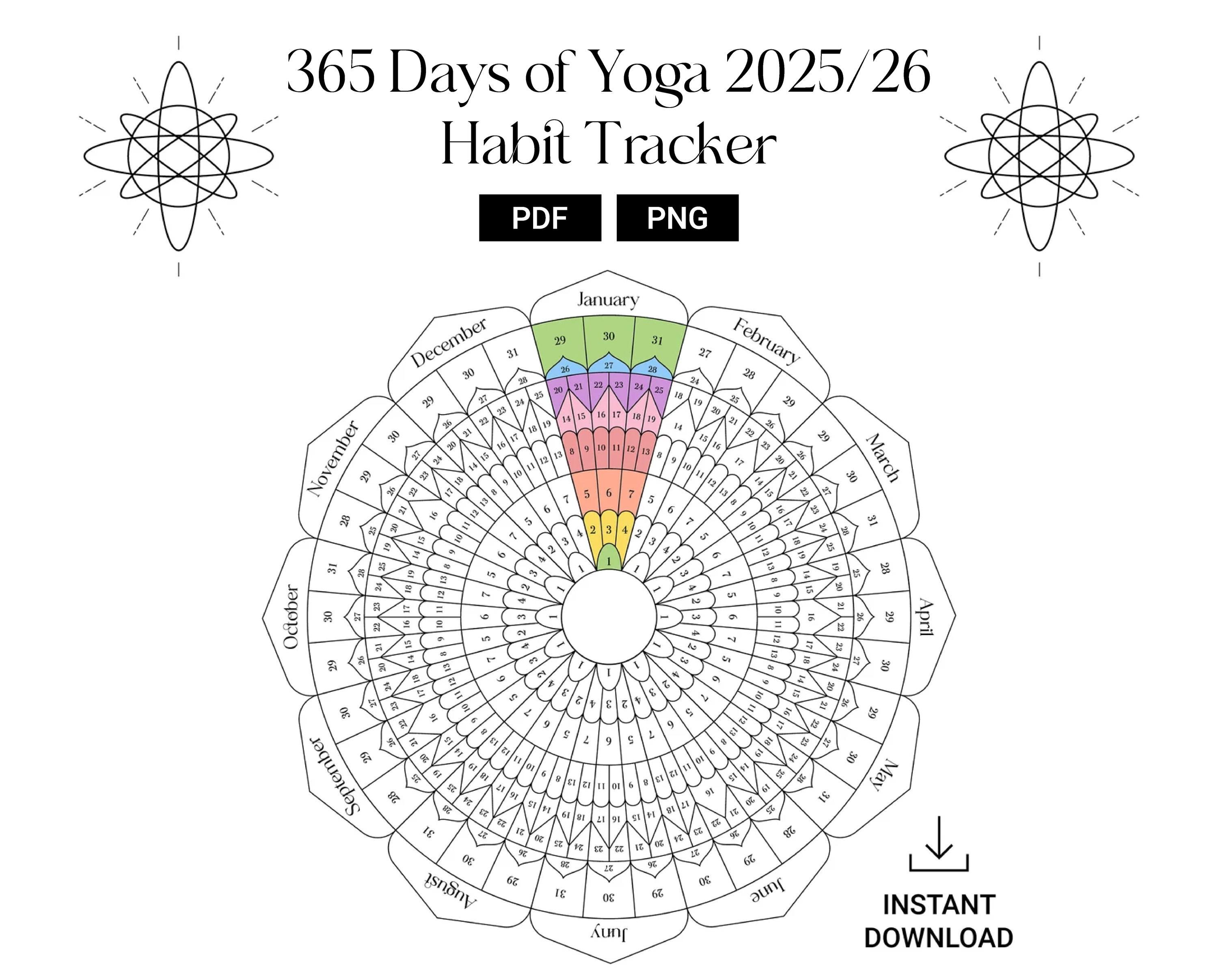 365 Days of Yoga Printable | Yoga Habit Tracker | Mandala Colouring ...