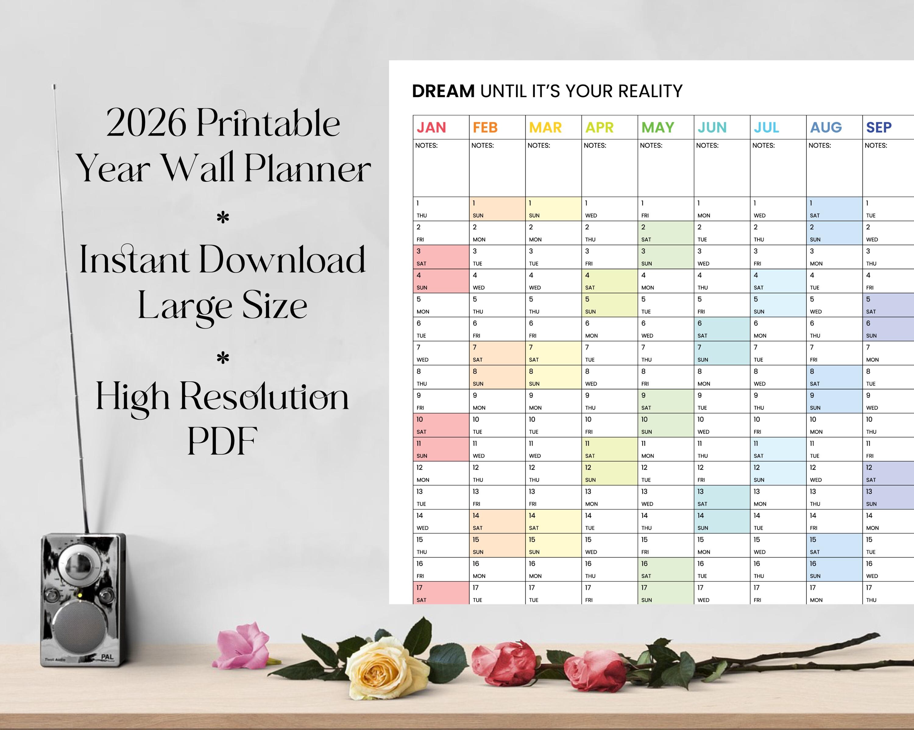 2026 Yearly Wall Planner, Printable Large Wall Calendar Landscape, Year ...