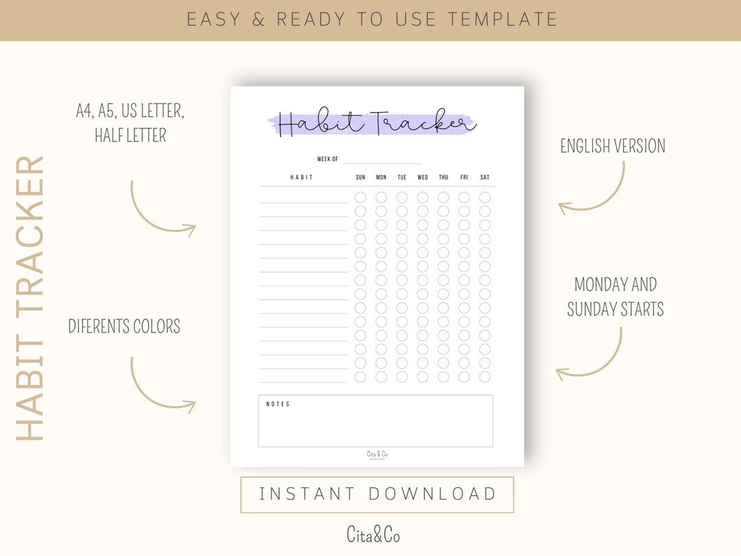 Habit Tracker, Weekly, Week, Printable, Planner, Formats A4, A5, Letter ...