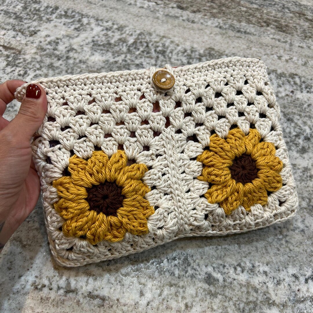 SUNFLOWER COTTON BOOK Cover With Wooden Button / 100% Cotton Crochet ...