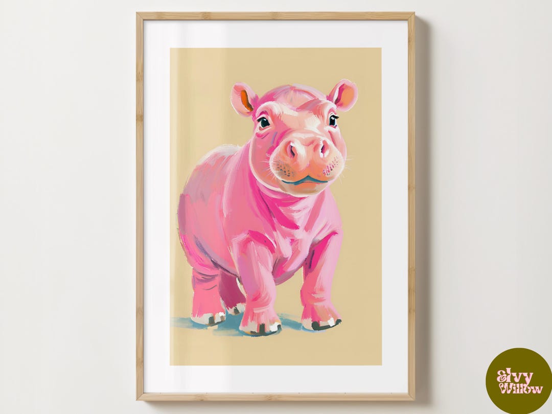 Pink & Beige Pygmy Hippo Wall Art Print - Stylish Animal Decor - Modern ...