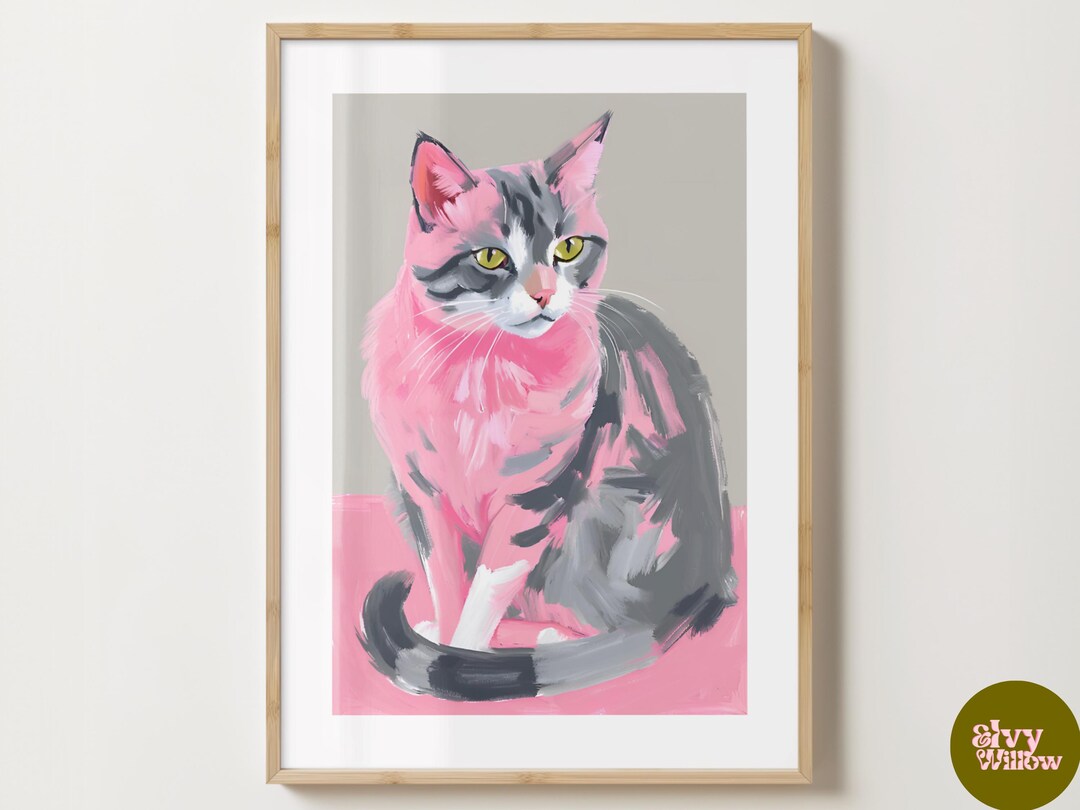 Pink & Grey Cat Wall Art Print - Grey Kitten Poster - Home Art Print ...