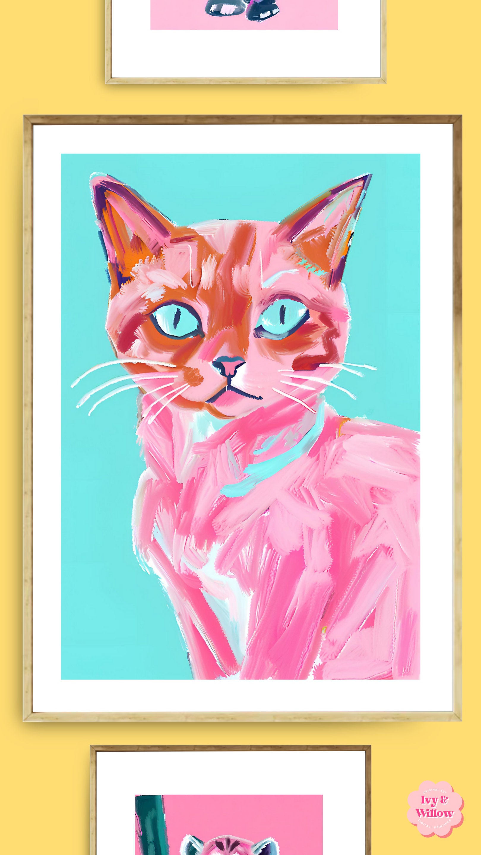 Blue & Pink Cat Wall Art Print Bright Kitten Poster Home Art Print ...