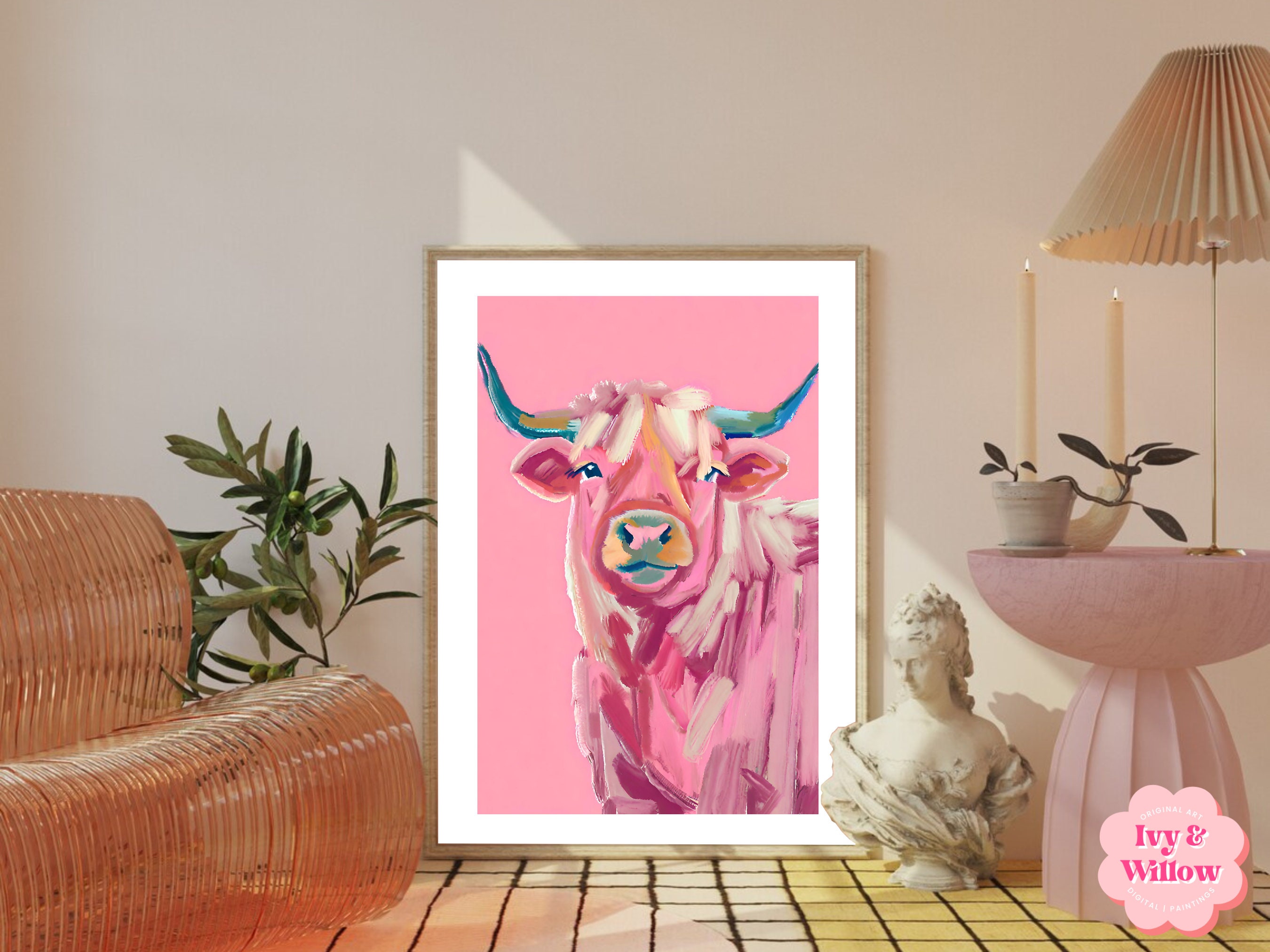 Pink Highland Cow Wall Art Print Farmhouse Decor Animal Portrait ...
