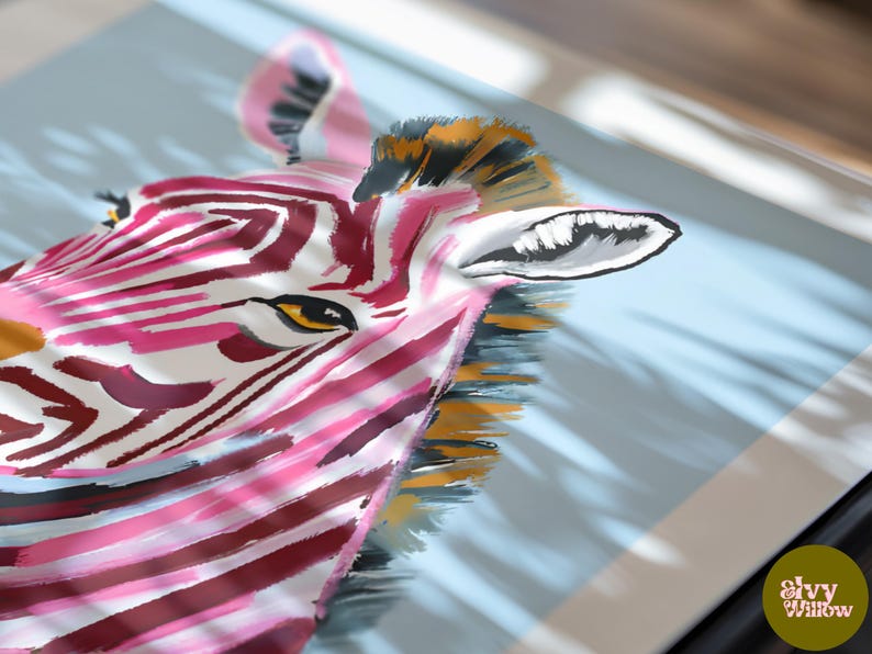 Pink & Blue Zebra Wall Art Print - Unique Wildlife - Pink Zebra Poster ...