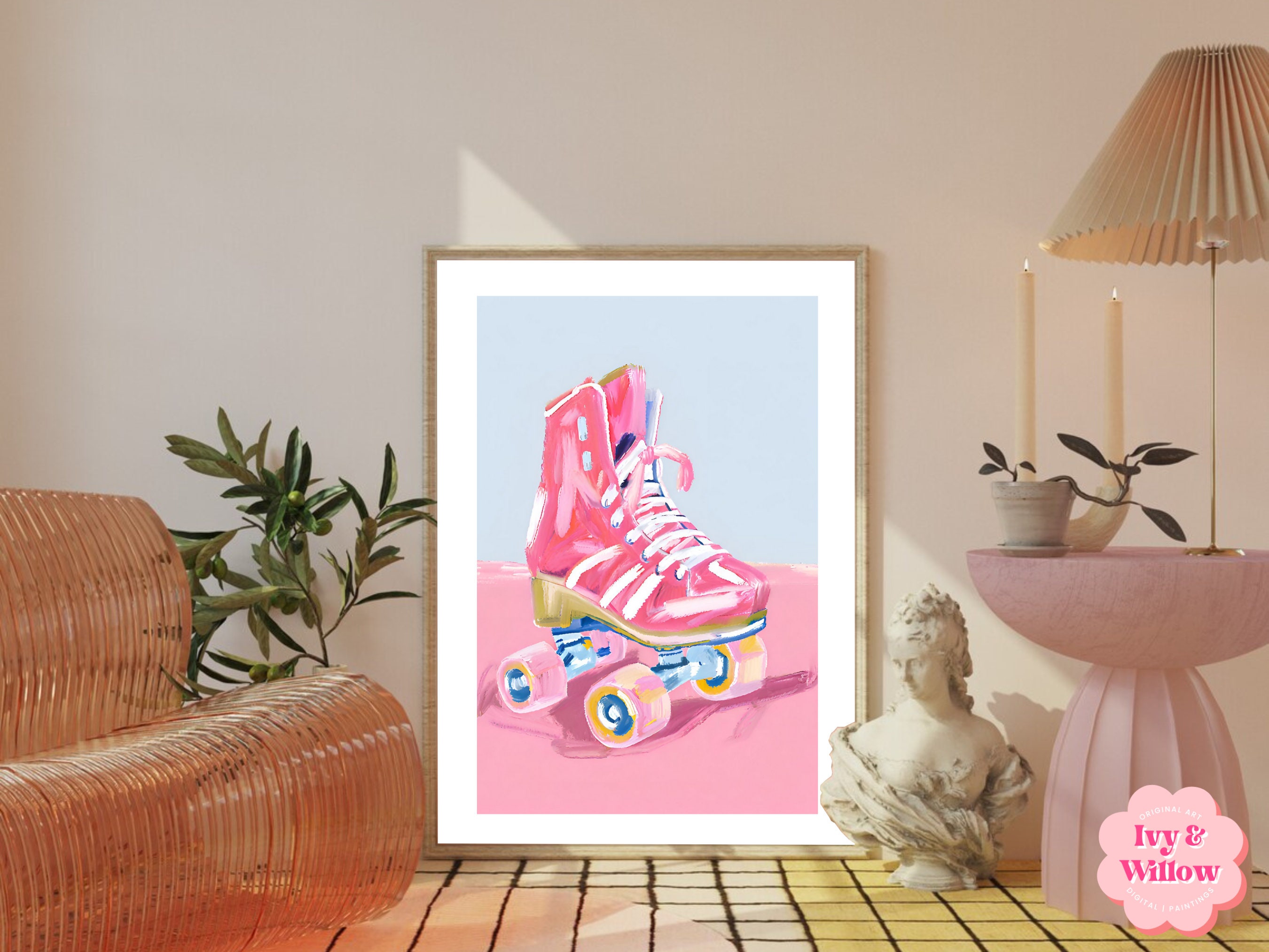 Pink Vintage Roller Skate Wall Art Print Stylish Skating Poster Modern ...