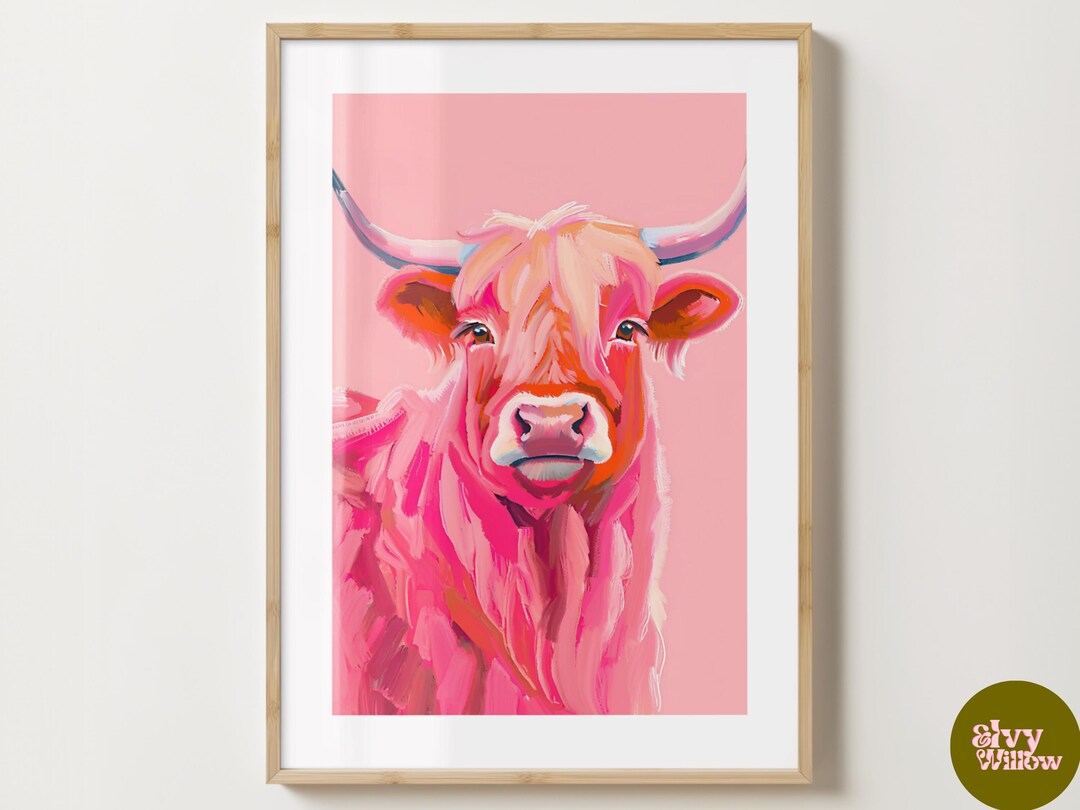 Pink Highland Cow Wall Art Print - Trendy Home Art - Scottish Cow Art ...