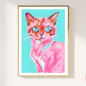 Blue & Pink Cat Wall Art Print Bright Kitten Poster Home Art Print ...