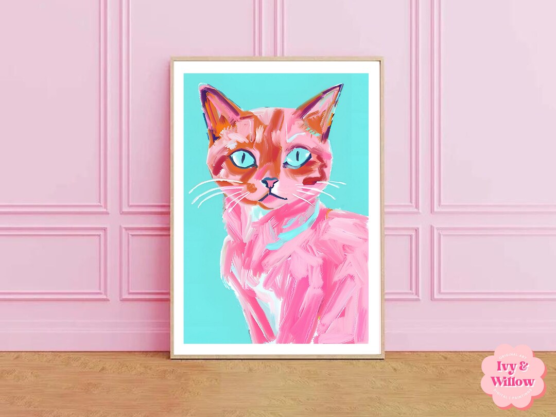 Blue & Pink Cat Wall Art Print Bright Kitten Poster Home Art Print ...