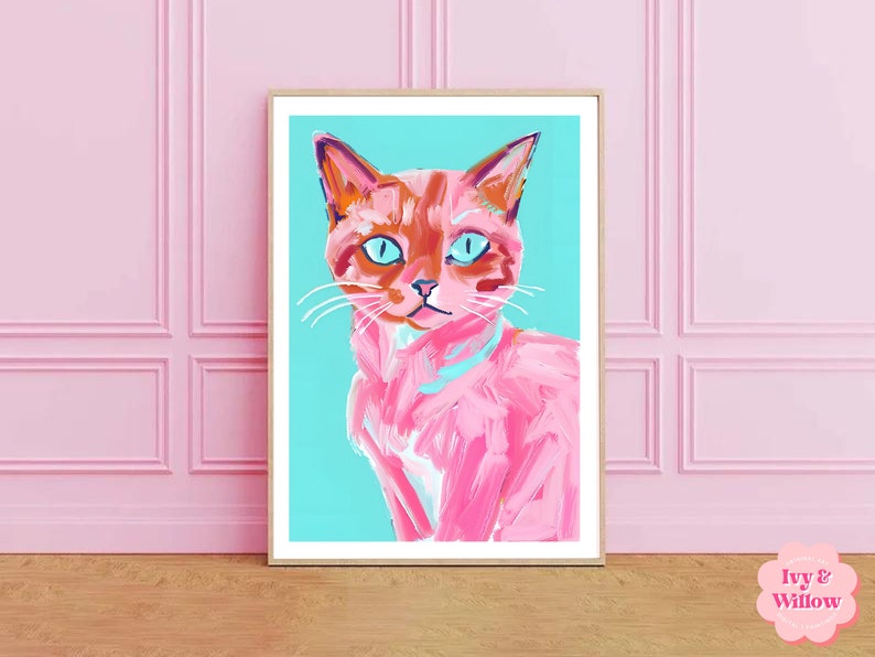 Blue & Pink Cat Wall Art Print Bright Kitten Poster Home Art Print ...