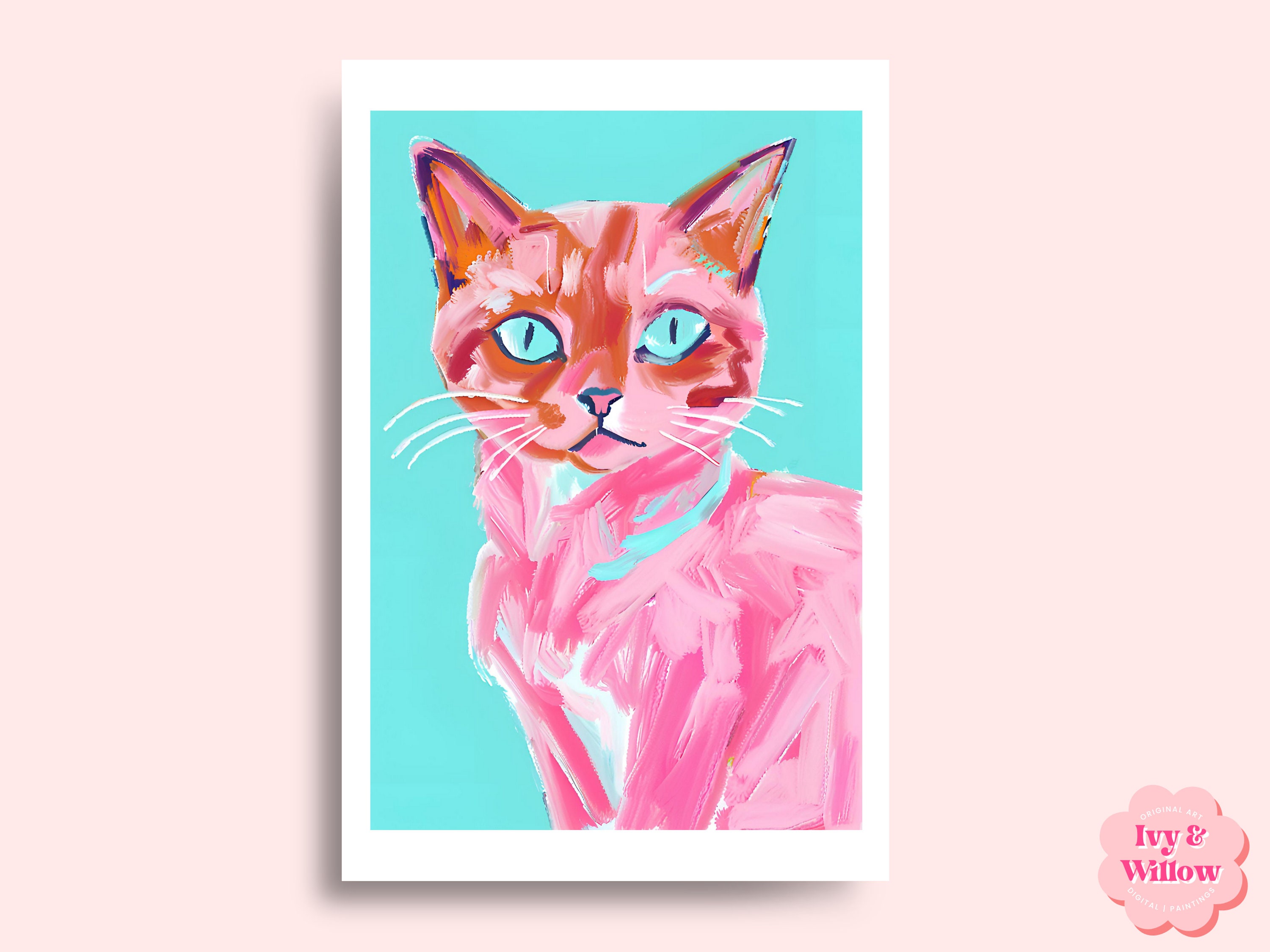Blue & Pink Cat Wall Art Print Bright Kitten Poster Home Art Print ...