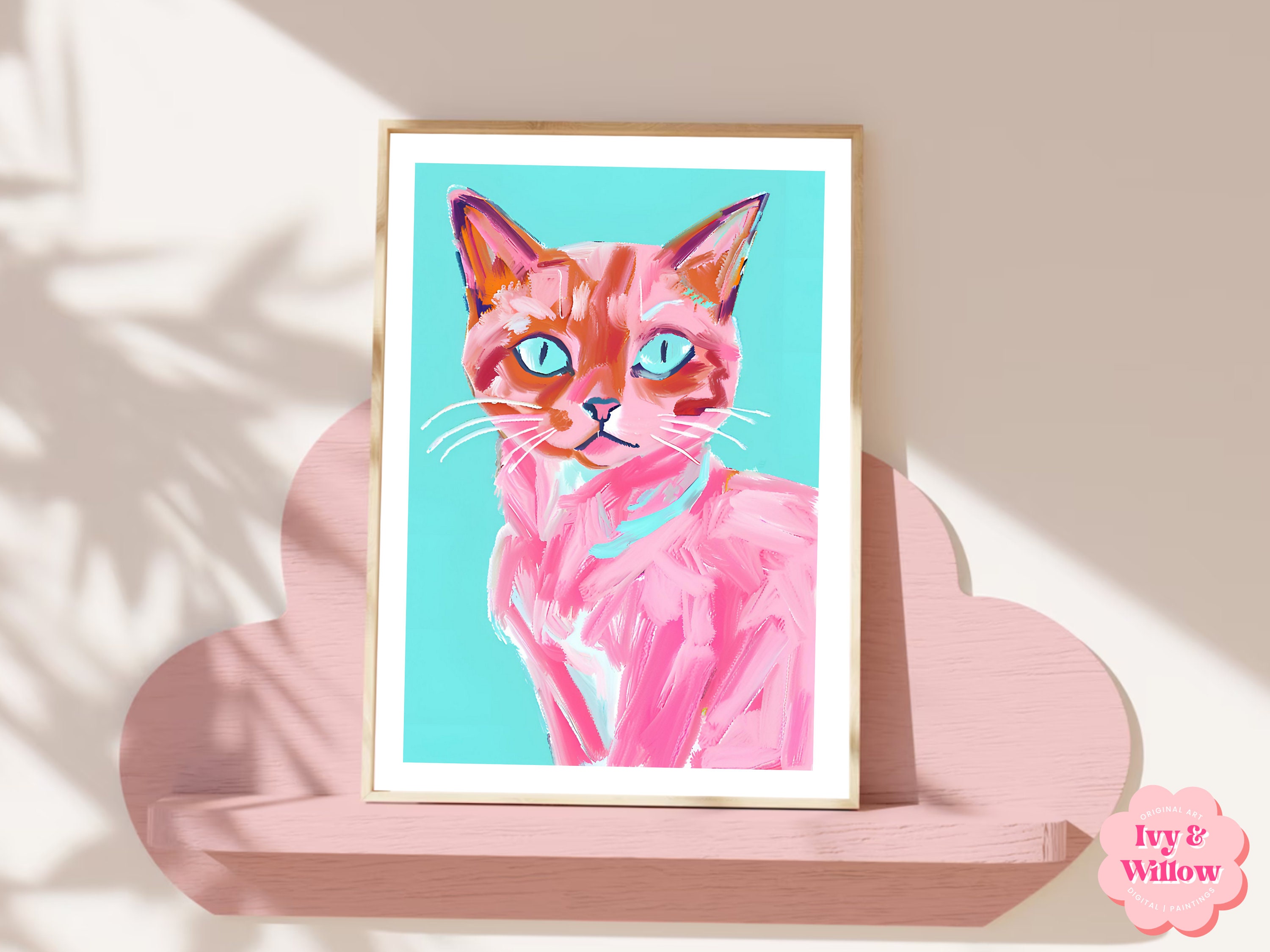 Blue & Pink Cat Wall Art Print Bright Kitten Poster Home Art Print ...