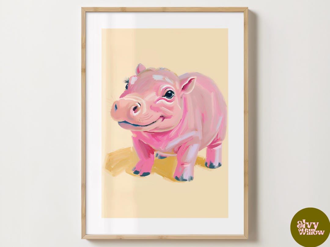 Pink & Beige Pygmy Hippo Wall Art Print - Stylish Animal Decor - Modern ...